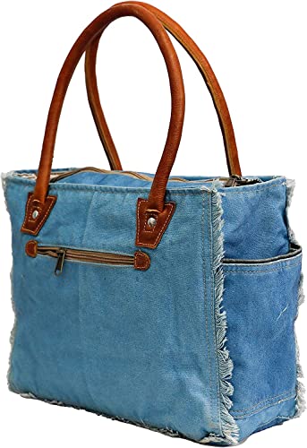 NATURALS EXPORT OAG Upcycle Canvas Bag, Handmade Canvas Bag With Leather, Canvas Tote Bag, Canvas Shoulder Bag, Canvas Handbag for Women, Blue