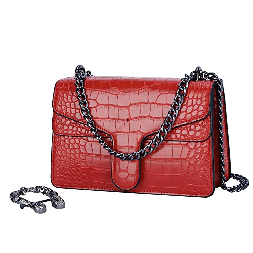 GLOD JORLEE Women's Fashion Chain Crossbody Shoulder Bags - Classic Stone Crocodile Pattern Leather Square Flap Handbags Satchel Purse (Red)