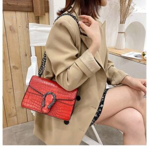 GLOD JORLEE Women's Fashion Chain Crossbody Shoulder Bags - Classic Stone Crocodile Pattern Leather Square Flap Handbags Satchel Purse (Red)