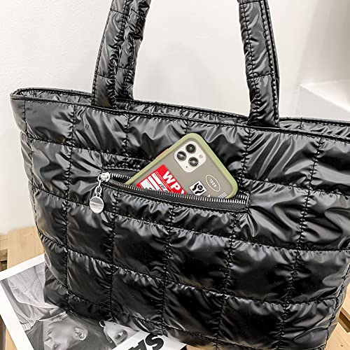 Large Quilted Tote Bag with Zip for Women Lightweight Winter Down Cotton Padded Plaid Shoulder Bags Down Padding Handbags with 2 inner Pockets and an Outer Zip Pocket