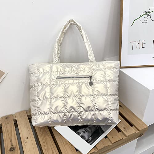 Large Quilted Tote Bag with Zip for Women Lightweight Winter Down Cotton Padded Plaid Shoulder Bags Down Padding Handbags with 2 inner Pockets and an Outer Zip Pocket