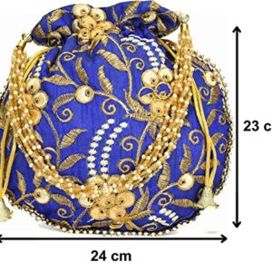 Ekavya Indian Drawstring Purse Bag Pouch Potli For Gift Jewelry Gifts Wedding Faux Pearls Strings Drawstring Bag for Women. Purse for Women (Blue)