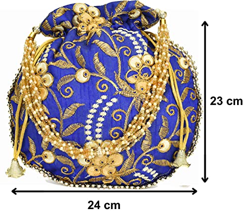 Ekavya Indian Drawstring Purse Bag Pouch Potli For Gift Jewelry Gifts Wedding Faux Pearls Strings Drawstring Bag for Women. Purse for Women (Blue)