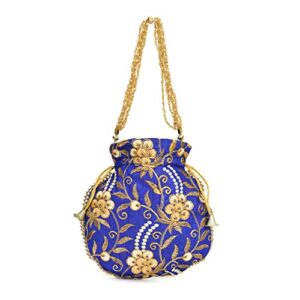 Ekavya Indian Drawstring Purse Bag Pouch Potli For Gift Jewelry Gifts Wedding Faux Pearls Strings Drawstring Bag for Women. Purse for Women (Blue)