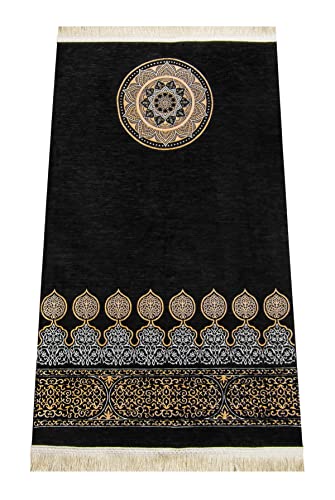 Lux Muslim Prayer Rug with Elegant Design | Janamaz | Sajadah | Soft Islamic Prayer Rug | Islamic Gifts | Prayer Carpet Mat, Chenille Fabric, Black/Model 2