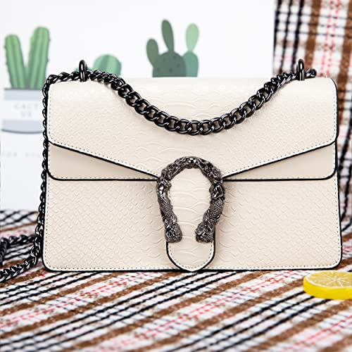 GLOD JORLEE Trendy Chain Crossbody Shoulder Bags for Women - Luxury Leather Satchel Bag Evening Clutch Purse Handbags (001-off white)