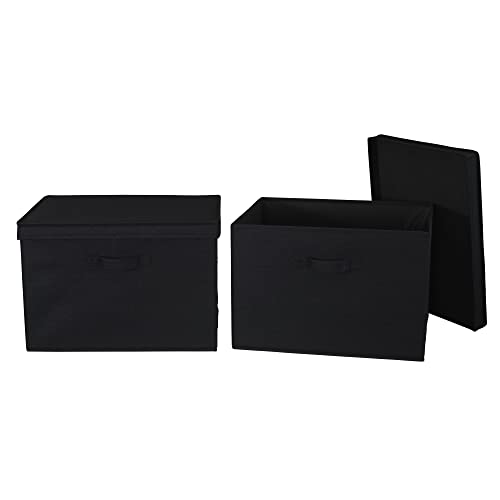 Household Essentials Wide Fabric Storage Bins with Lids, Black, Set of 2