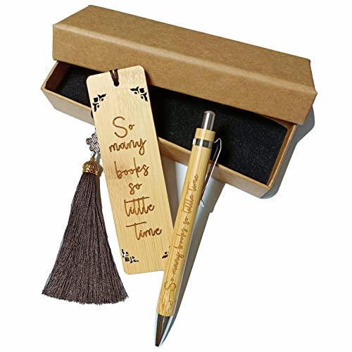 Handmade Bamboo Bookmark with Laser Carved Quote, Wooden Bookmark with Beautiful Tassel,A Unique Gift with Ball Point Pen Set for Teachers, Students, Men and Women.  (A2)