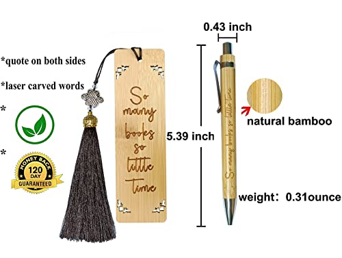 Handmade Bamboo Bookmark with Laser Carved Quote, Wooden Bookmark with Beautiful Tassel,A Unique Gift with Ball Point Pen Set for Teachers, Students, Men and Women.  (A2)