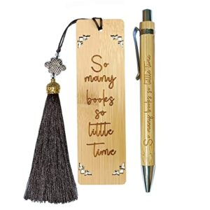 Handmade Bamboo Bookmark with Laser Carved Quote, Wooden Bookmark with Beautiful Tassel,A Unique Gift with Ball Point Pen Set for Teachers, Students, Men and Women.  (A2)