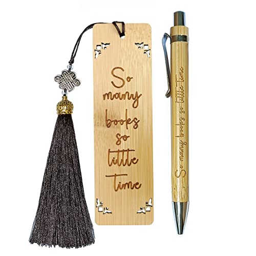 Handmade Bamboo Bookmark with Laser Carved Quote, Wooden Bookmark with Beautiful Tassel,A Unique Gift with Ball Point Pen Set for Teachers, Students, Men and Women.  (A2)