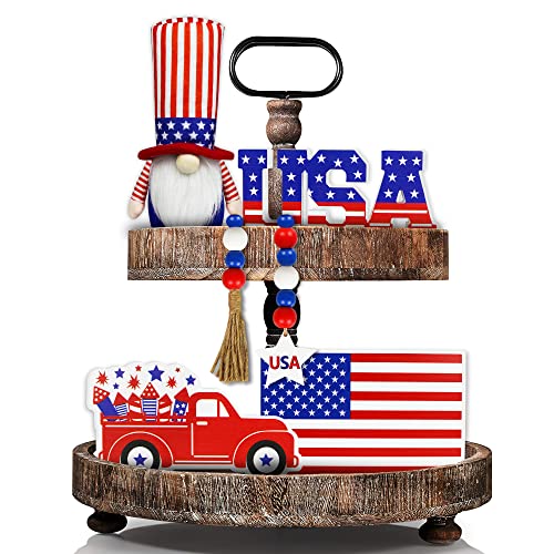 4th of July Tiered Tray Decor - 5 Pcs New Year Wooden Decor Bead Garland & Plush Gnome, Stars and Stripes Wooden Signs Patriotic Decorations for Independence Day Memorial Day Presidents Day