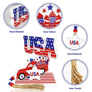 4th of July Tiered Tray Decor - 5 Pcs New Year Wooden Decor Bead Garland & Plush Gnome, Stars and Stripes Wooden Signs Patriotic Decorations for Independence Day Memorial Day Presidents Day