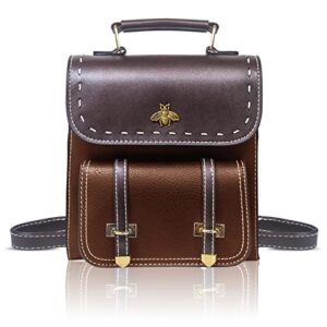 little bee mini backpack faux leather women backpack purse convertible handbag fashion crossbodybag girl cute preppy bookbag, brown