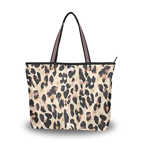 Bolaz Tote Bag with Zipper for Women Leopard Pattern Animal Print Handbags Pockets Shoulder Bag Work Large Travel Office Business