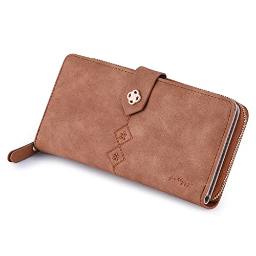 CornerLife Women Vegan Suede Leather Wallet Large Checkbook Clutch Wallet Zipper Around Credit Card Holder Wallets for Women with Snap Closure (Reddish Brown)