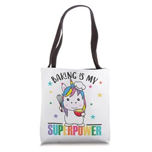 baking is my superpower cute unicorn is baking cupcakes tote bag