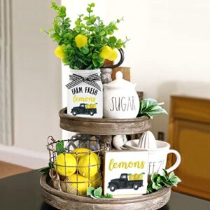 Farm Fresh Lemons Kitchen Decor Mason Jar Floral Arrangement Table Centerpiece with Artificial Fake Lemons Branch Buffalo Plaid Bowknot Summer Lemonade Farmhouse Display for Spring Home Tiered Tray