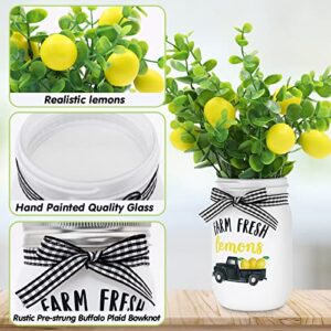 Farm Fresh Lemons Kitchen Decor Mason Jar Floral Arrangement Table Centerpiece with Artificial Fake Lemons Branch Buffalo Plaid Bowknot Summer Lemonade Farmhouse Display for Spring Home Tiered Tray