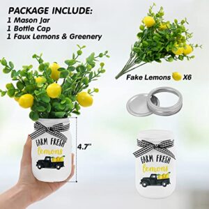 Farm Fresh Lemons Kitchen Decor Mason Jar Floral Arrangement Table Centerpiece with Artificial Fake Lemons Branch Buffalo Plaid Bowknot Summer Lemonade Farmhouse Display for Spring Home Tiered Tray