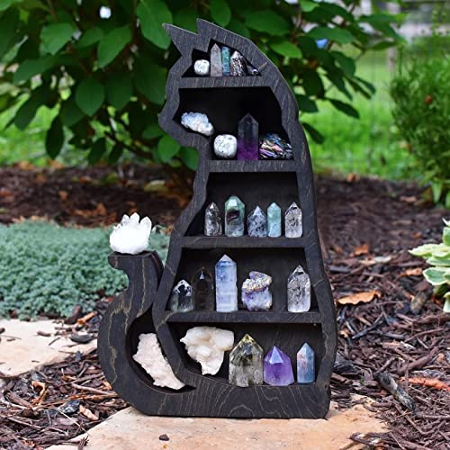 Cat on The Moon Crystal Wood Shelf, Black Cat Crystal Display Durable Shelf Beautiful and Delicate Engraved Moon Design for Essential Oil Small Plant and Art Gothic Witchy Room Ornaments