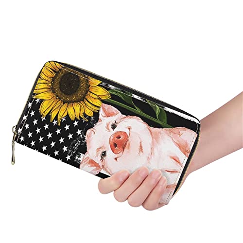 chaqlin Women Wallets Long RFID Blocking Zipper Card Holder Wallet Sunflower Pig Print Phone Purse Clutch Wallet With Wristlet