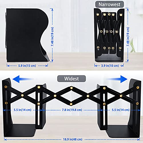 2PCS Non Skid Book Ends to Hold Books, Carooyac Heavy Duty Bookends Adjustable Book End, Metal Bookends for Shelves, Black Book Holders for Bookshelf Desk - Extends up to 19"