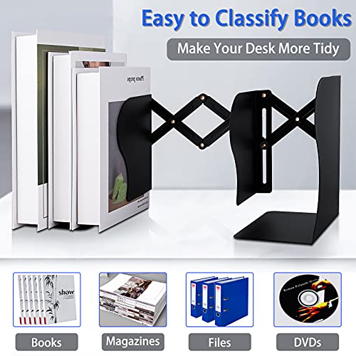 2PCS Non Skid Book Ends to Hold Books, Carooyac Heavy Duty Bookends Adjustable Book End, Metal Bookends for Shelves, Black Book Holders for Bookshelf Desk - Extends up to 19"