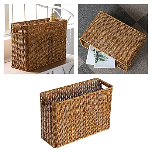 Baoblaze Hand-Woven Magazine Basket Plastic Rattan Sundries Storage Bins Japanese Style Finishing Basket for Closets Bedroom Magazine Newspaper Home - Dark Brown