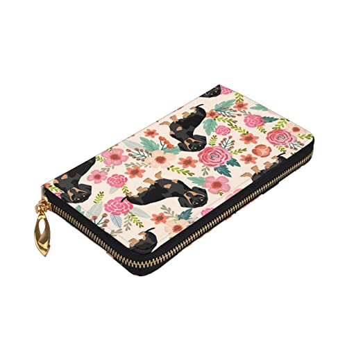 HOMETER Leather Wallet For Women Dachshund Floral Coin Purse Travel Credit Card Holder Zipper Purse Cell Phone Handbag