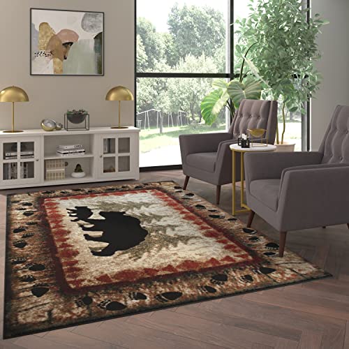 EMMA + OLIVER Ursa 6'x9' Rustic Cabin or Lodge Theme Rug with Bear and Cub Design with Trees in Background and Bear Track Patterned Edges