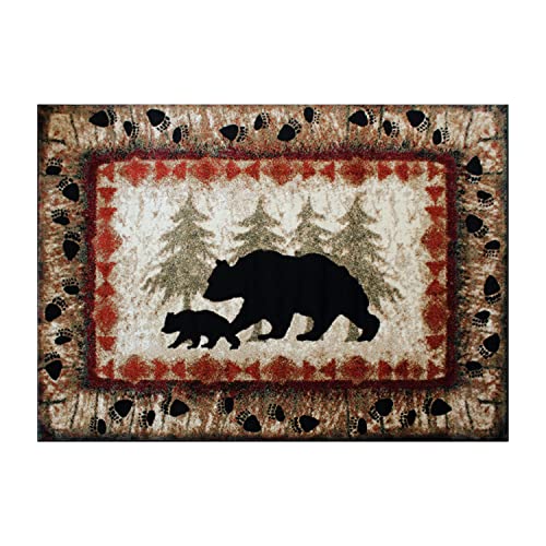 EMMA + OLIVER Ursa 6'x9' Rustic Cabin or Lodge Theme Rug with Bear and Cub Design with Trees in Background and Bear Track Patterned Edges