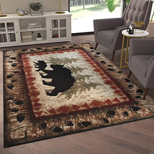 EMMA + OLIVER Ursa 6'x9' Rustic Cabin or Lodge Theme Rug with Bear and Cub Design with Trees in Background and Bear Track Patterned Edges