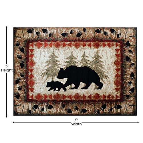 EMMA + OLIVER Ursa 6'x9' Rustic Cabin or Lodge Theme Rug with Bear and Cub Design with Trees in Background and Bear Track Patterned Edges