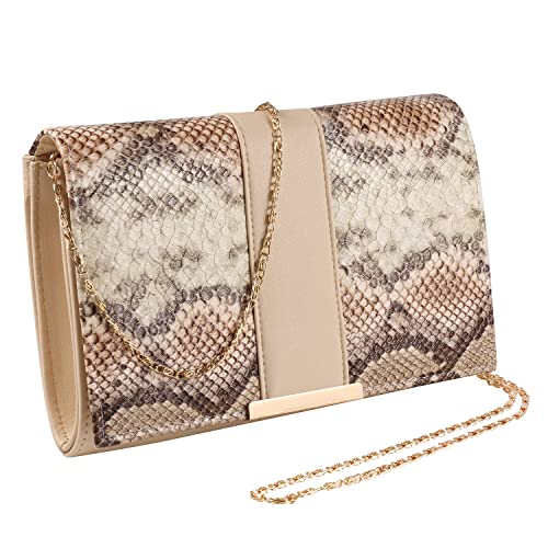 ROXIE Womens Snakeskin Print Leather Evening Clutch Bags Formal Party Clutches Wedding Purses Cocktail Prom Clutches Gold