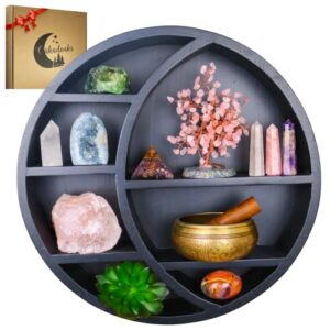 moon shelf for crystals – large 17″ black moon wall decor for bedroom, nursery shelf, moon decor – witchy decor – wood hanging shelf boho crystal display shelf & essential oils gifts for women