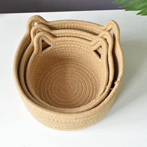 3-Piece Storage Basket Set, round woven basket，Natural Cotton Rope Woven Baskets with Handle for Organizing, Storage Basket, Decorative Woven Basket, Shelf Storagebag, Khaki