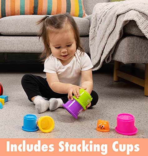 PIDOKO KIDS Wooden Baby Walker - 1 Year Old Boy Girl Gifts - Includes Stacking Sorting Cups, Zoo Themed Blocks and Book - Developmental Montessori Learning Toys for Babies 12 Months +