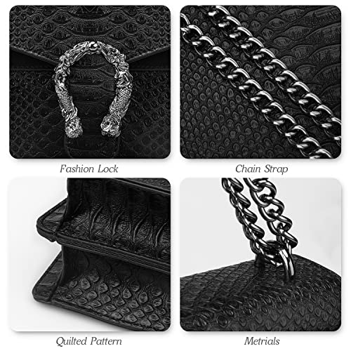 ZooLLyn Crossbody Shoulder Evening Bag for Women - Luxurious Snake Print PU Leather Messenger Bag Trendy Chain Strap Clutch Square Satchel Handbag Purse Black