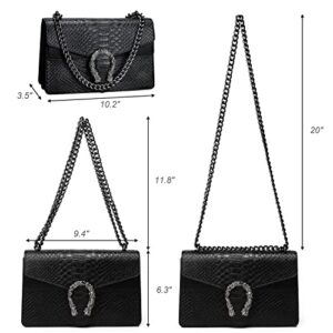 ZooLLyn Crossbody Shoulder Evening Bag for Women - Luxurious Snake Print PU Leather Messenger Bag Trendy Chain Strap Clutch Square Satchel Handbag Purse Black