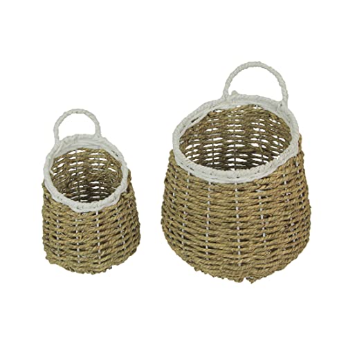 Set of 2 Natural and White Hand-Woven Seagrass Round Baskets Bohemian Decor