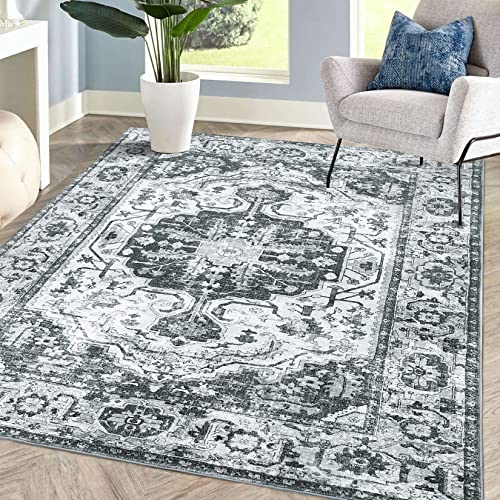 Fashionwu Vintage Area Rug Waterproof Heavy-Duty Rug Non-Slip Stain Resistant Carpet Non-Shedding Persian Distressed Boho Area Rug for Living Room Bedroom Kitchen, 8' x 10' Grey