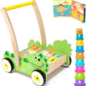 Pidoko Kids Wooden Baby Walker - Toys for 1 Year Old Boy Girl - Push Walker Toy for Babies - Includes Dinosaur Cart, 36 Pcs Building Blocks, Stacking Cups and Book - Learning Walker for Toddlers Gifts