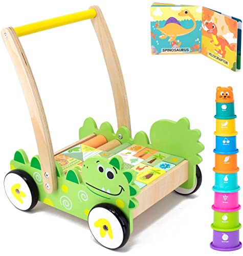 Pidoko Kids Wooden Baby Walker - Toys for 1 Year Old Boy Girl - Push Walker Toy for Babies - Includes Dinosaur Cart, 36 Pcs Building Blocks, Stacking Cups and Book - Learning Walker for Toddlers Gifts