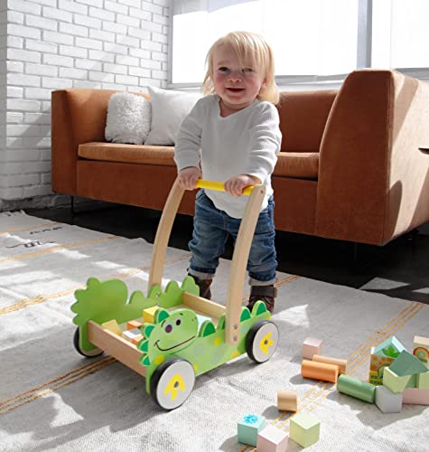 Pidoko Kids Wooden Baby Walker - Toys for 1 Year Old Boy Girl - Push Walker Toy for Babies - Includes Dinosaur Cart, 36 Pcs Building Blocks, Stacking Cups and Book - Learning Walker for Toddlers Gifts