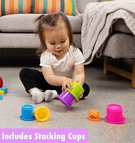 Pidoko Kids Wooden Baby Walker - Toys for 1 Year Old Boy Girl - Push Walker Toy for Babies - Includes Dinosaur Cart, 36 Pcs Building Blocks, Stacking Cups and Book - Learning Walker for Toddlers Gifts