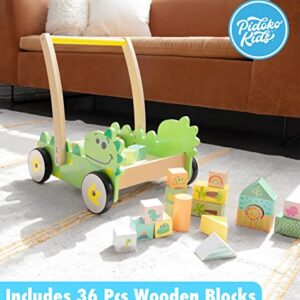 Pidoko Kids Wooden Baby Walker - Toys for 1 Year Old Boy Girl - Push Walker Toy for Babies - Includes Dinosaur Cart, 36 Pcs Building Blocks, Stacking Cups and Book - Learning Walker for Toddlers Gifts