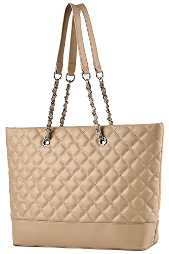 Women Quilted Shoulder Bag, Fashion Lightweight Handbags Tote Puses Designer Satchel Hobo Bag with Chain Straps (Khaki)