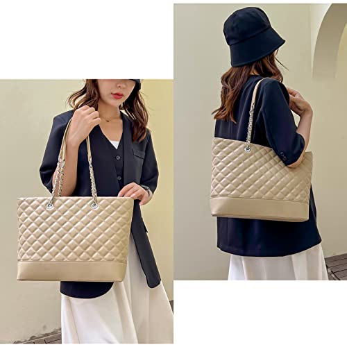 Women Quilted Shoulder Bag, Fashion Lightweight Handbags Tote Puses Designer Satchel Hobo Bag with Chain Straps (Khaki)