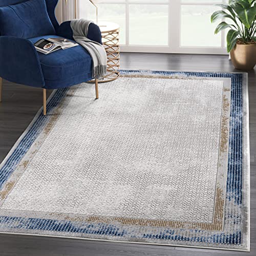 Abani Solid Grey Rugs Geometric Pattern 4'x6' Bedroom Rug - Modern Design Blue Border No-Shedding Premium Area Rug